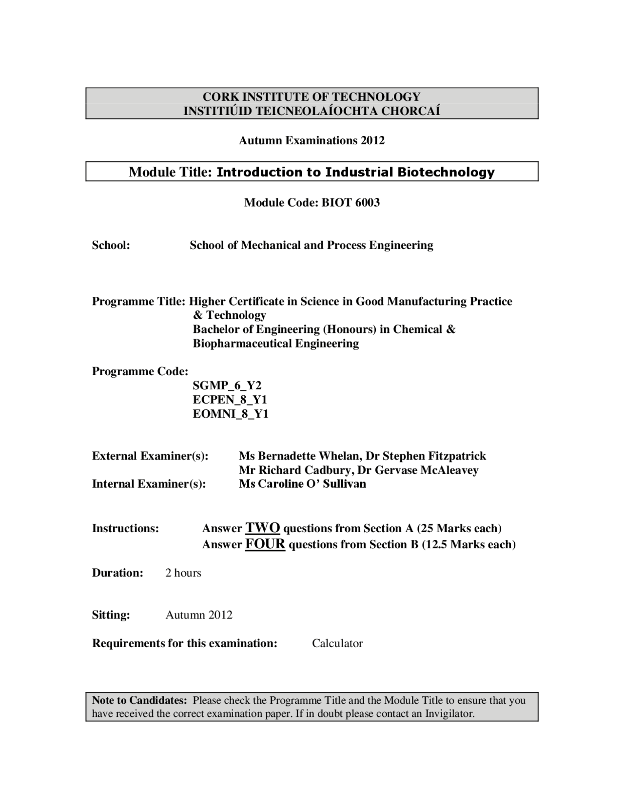 Ethanol Production Introduction To Biotechnology Old Exam Paper