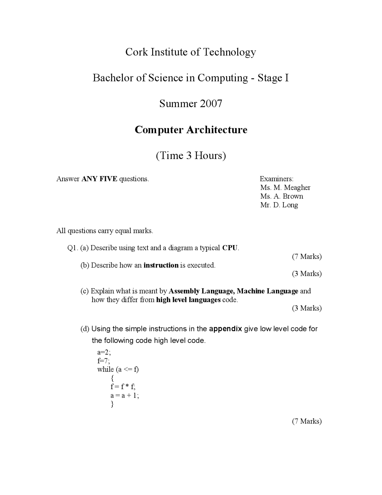 Assembly Language Computer Architecture Past Exam Docsity