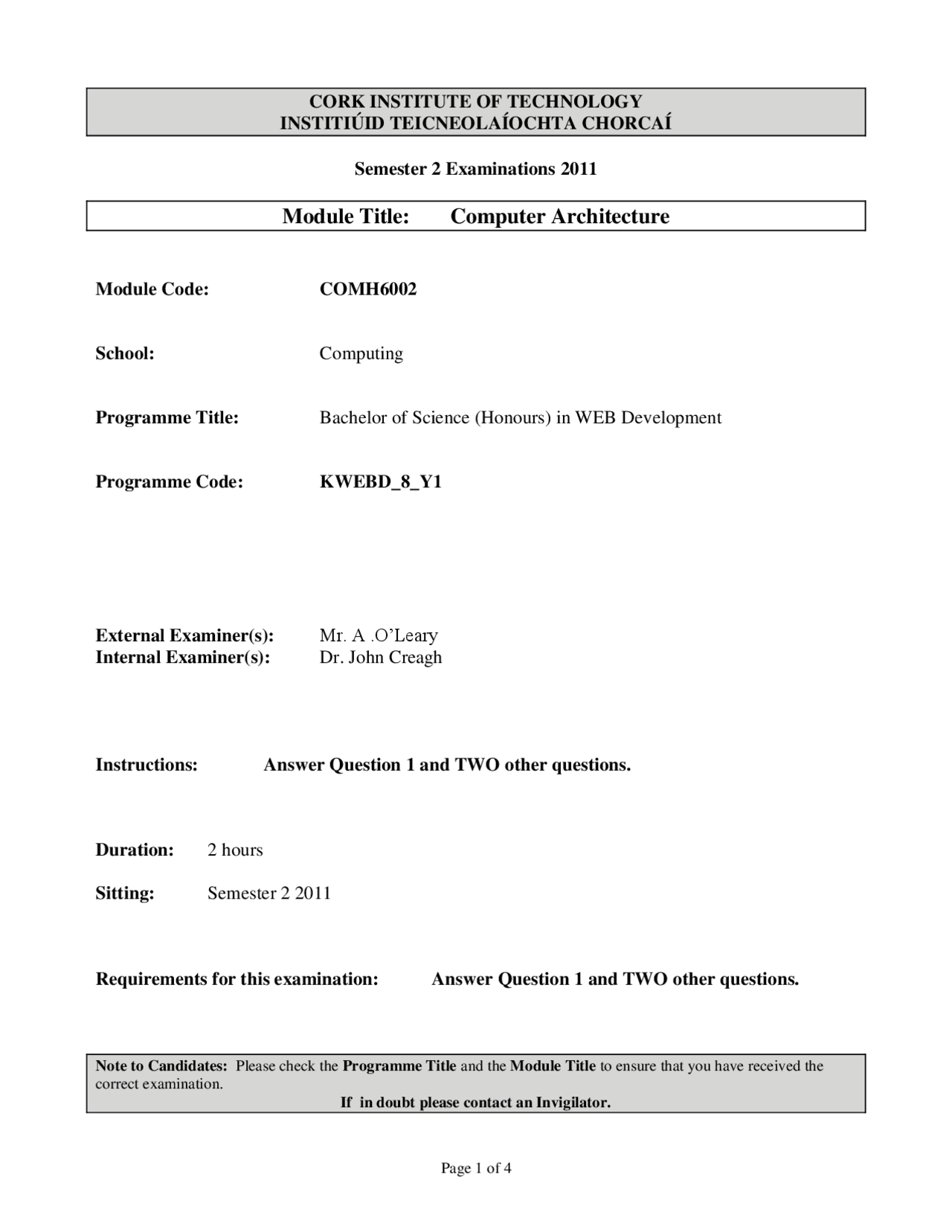 CPU cache - Computer Architecture - Past Exam - Docsity