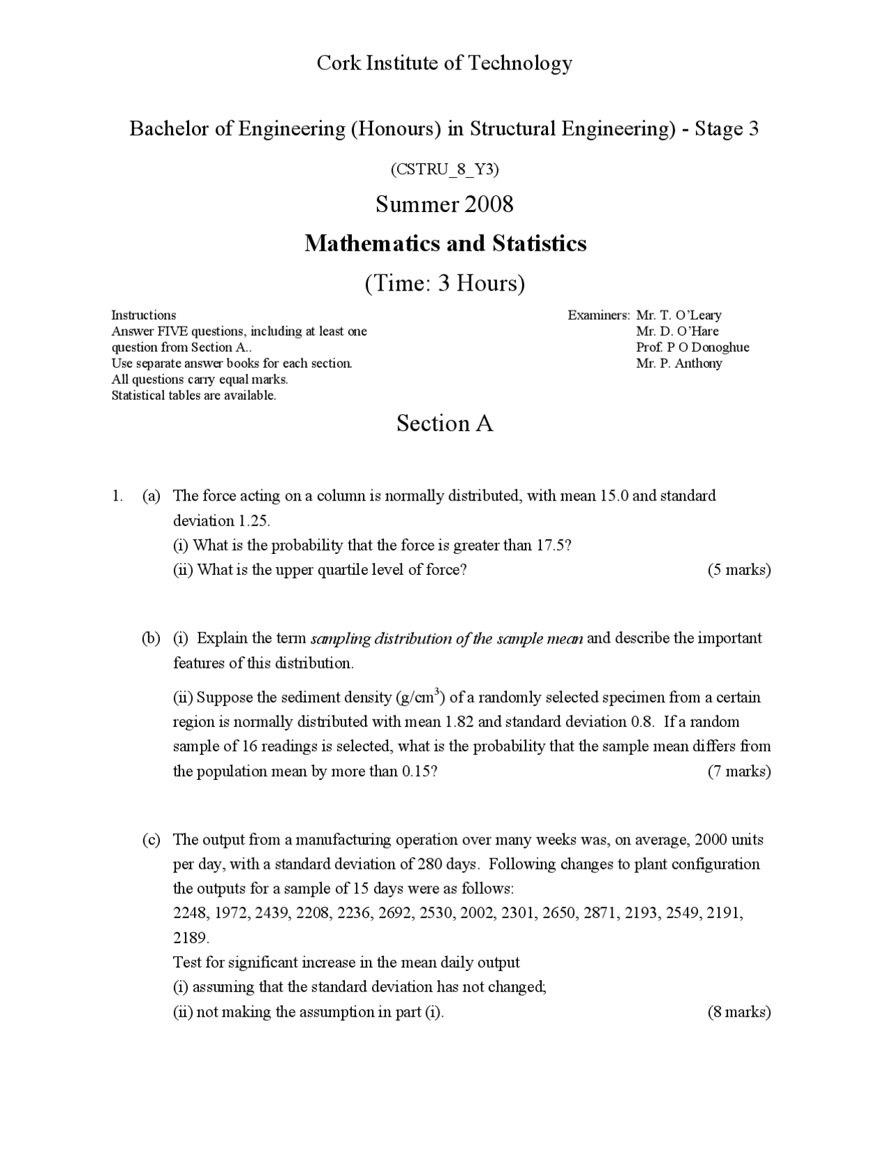 Probability - Mathematics and Statistics - Old Exam Paper | Exams ...