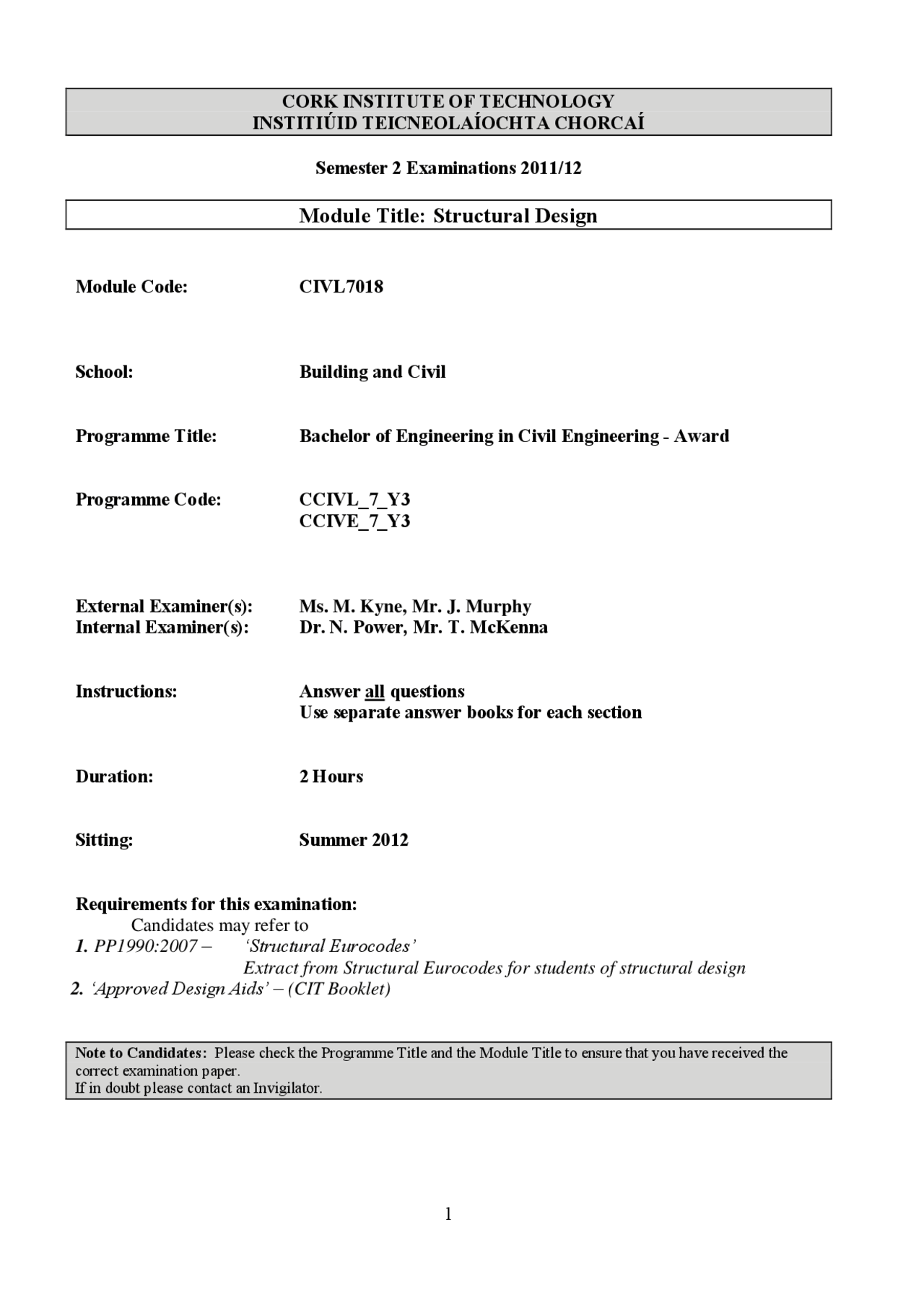 Find Suitable Strength Introduction To Structural Design Old Exam