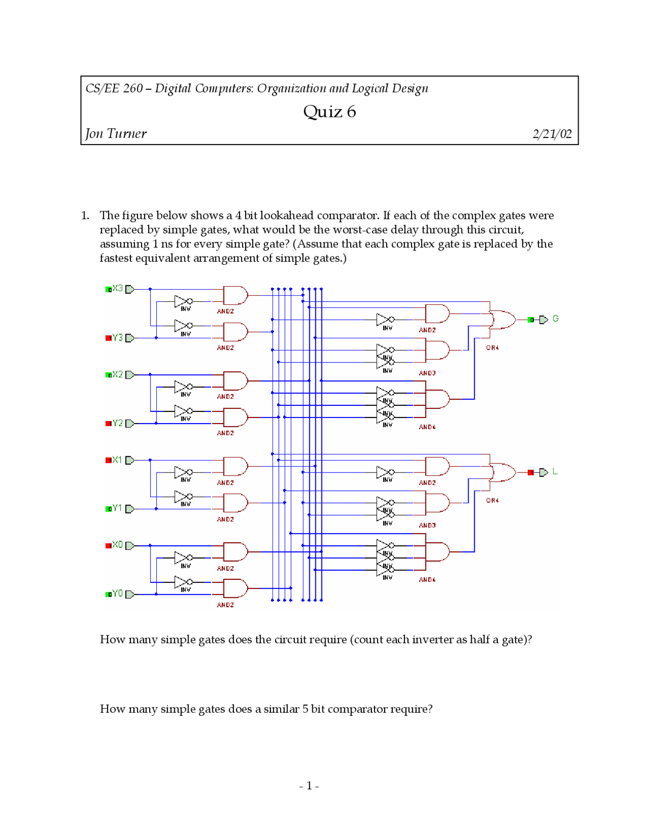 Bit Omparator Organization And Logical Design Quiz Docsity