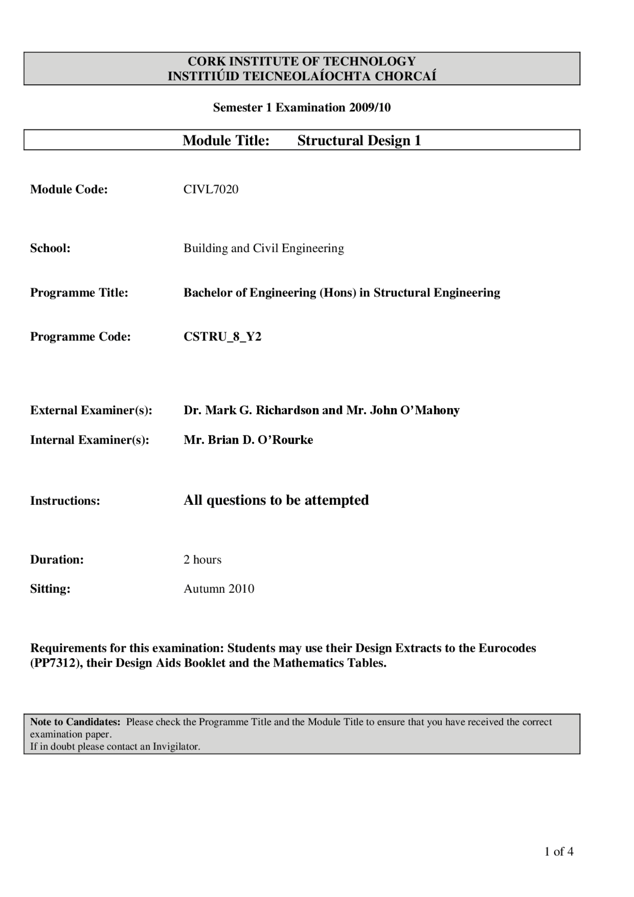 Link Reinforcement Introduction To Structural Design Old Exam Paper