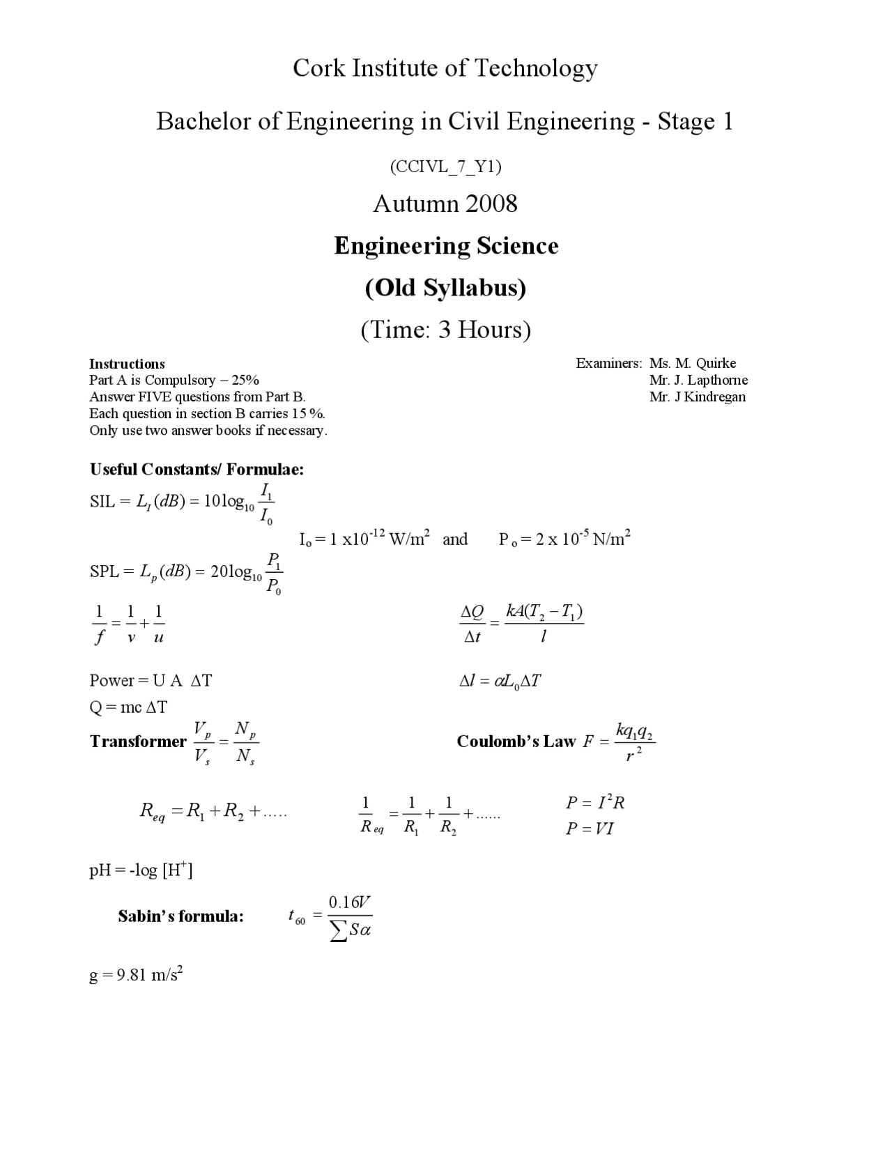 Sabin Formula Engineering Science Old Exam Paper Docsity