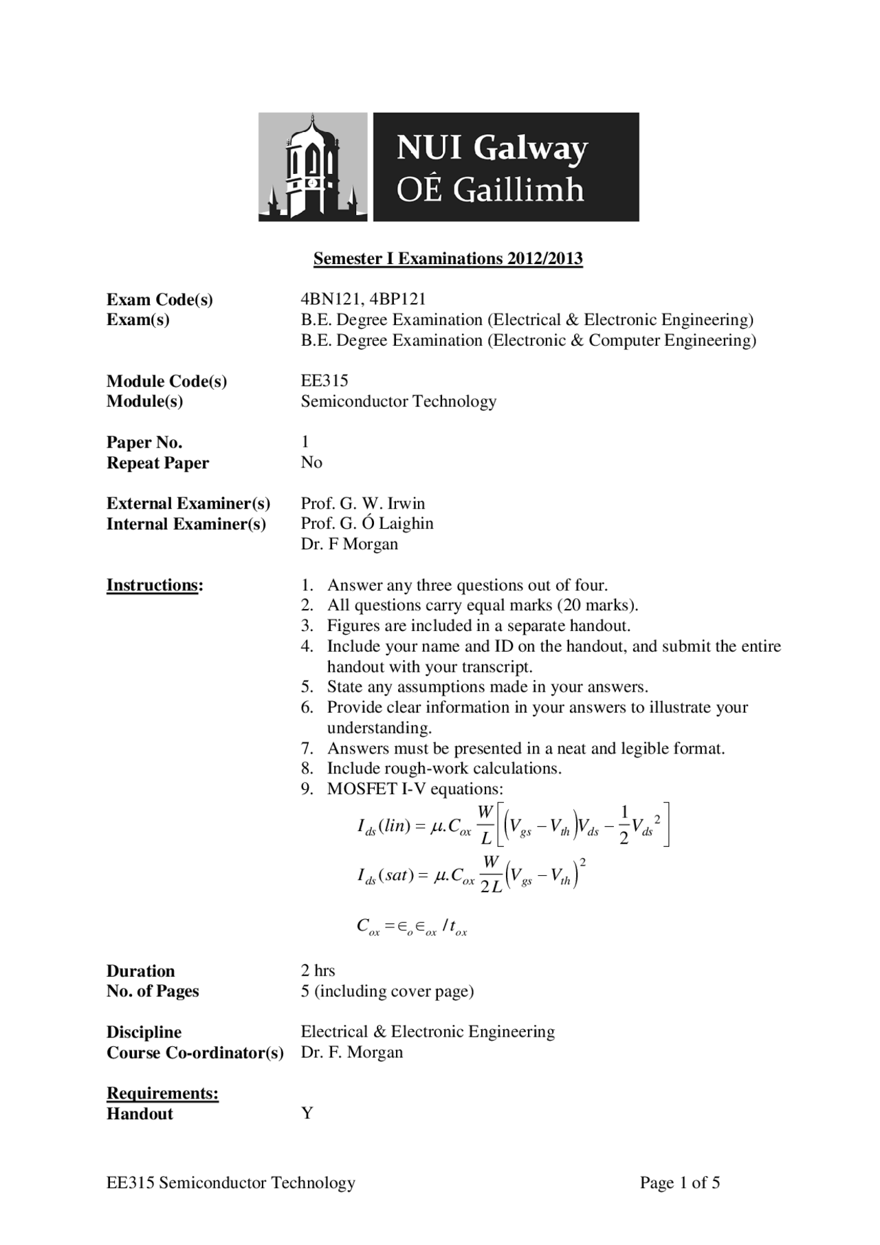 Label Every Element Semiconductor Technology Past Exam Paper Docsity