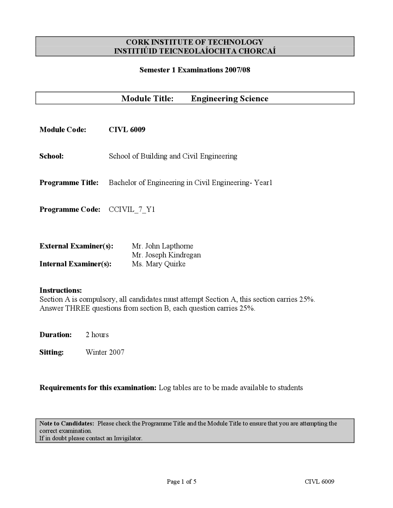Building Assemblies Engineering Science Old Exam Paper Exams