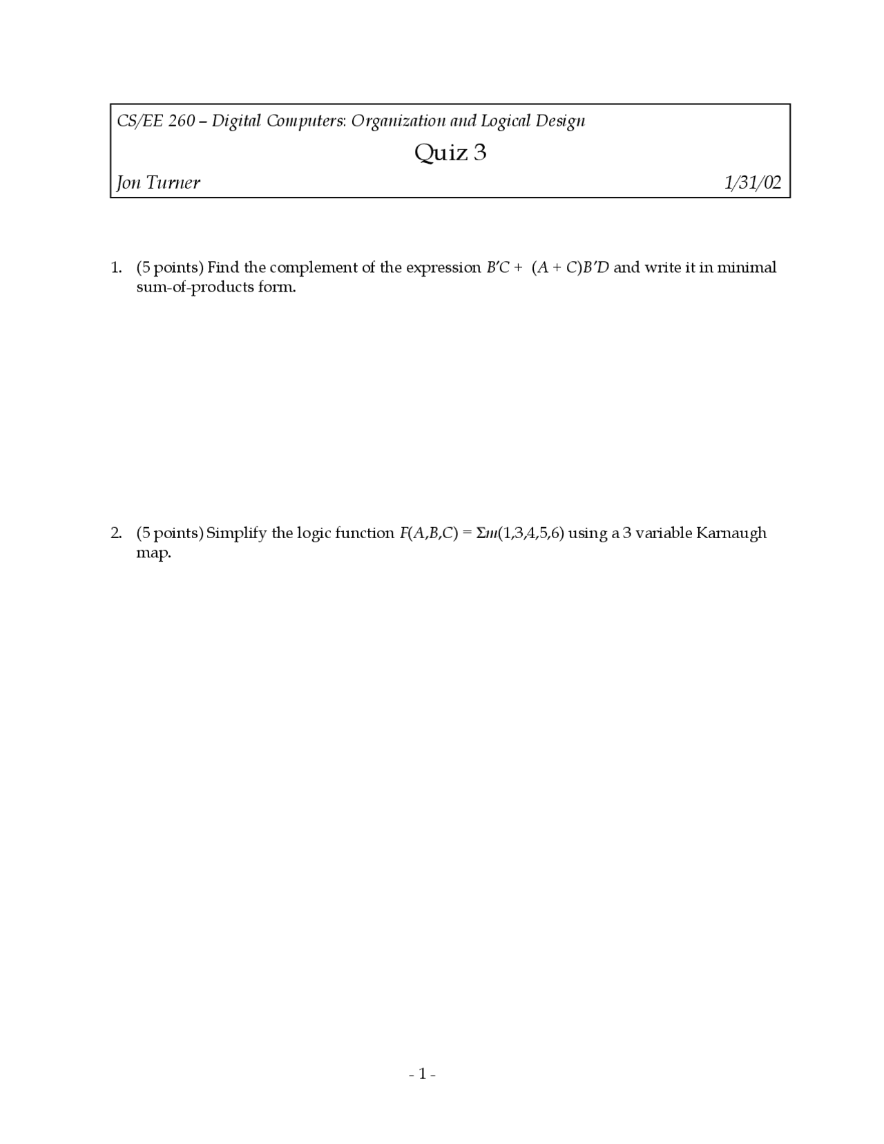 Variable Karnaugh Organization And Logical Design Quiz Docsity