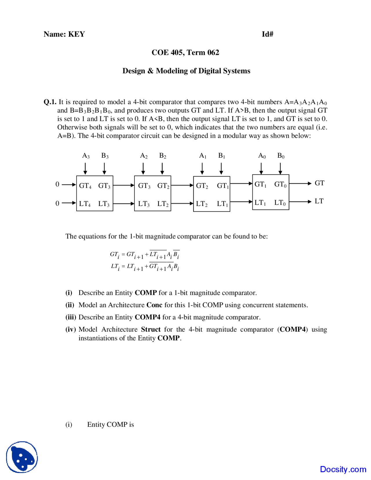 Comparator Circuit - Design and Modeling of Digital Systems - Solved Quiz | Ejercicios ...