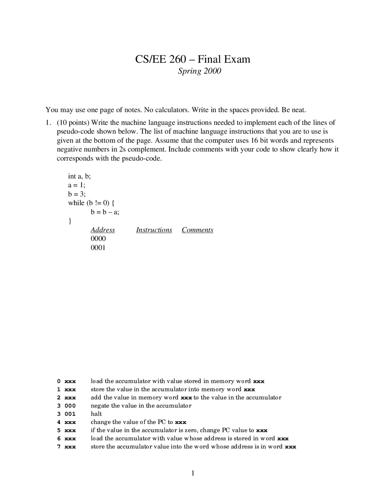 Machine Language Instructions Organization And Logical Design Exam