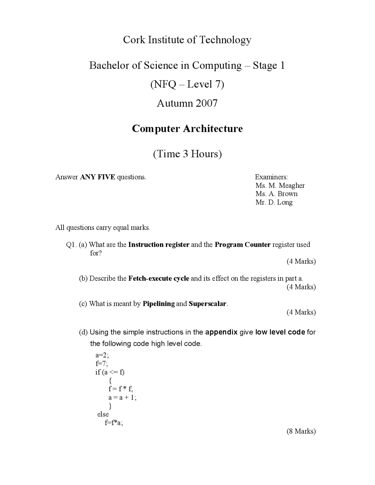 Instruction Register Computer Architecture Past Exam Docsity