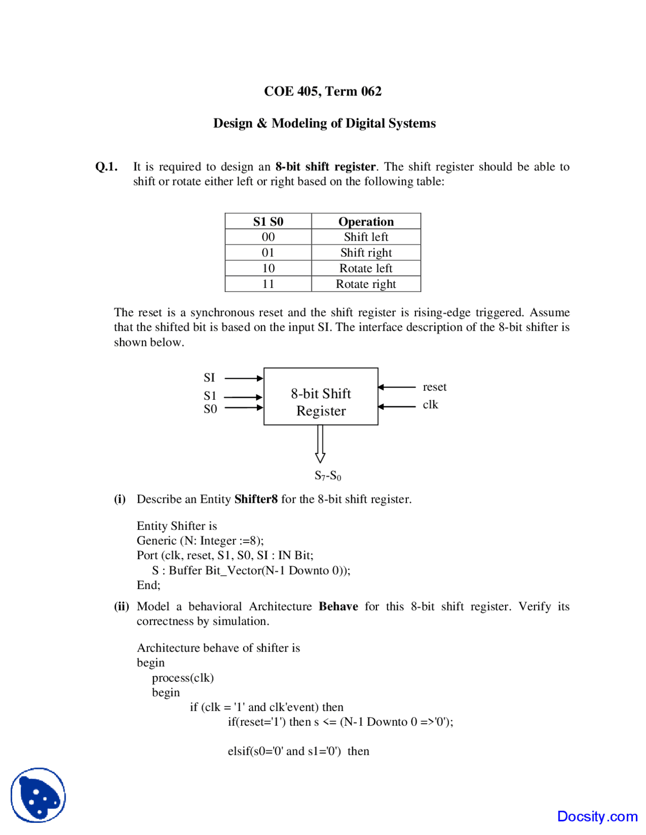 Shift Register - Design and Modeling of Digital Systems - Solved Quiz - Docsity