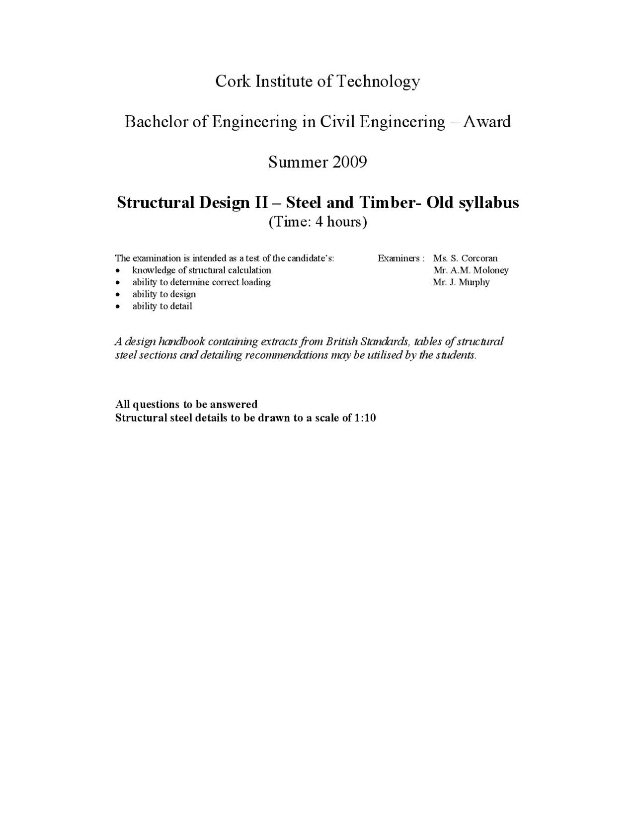 Structural Steel - Introduction to Structural Design - Old Exam Paper ...