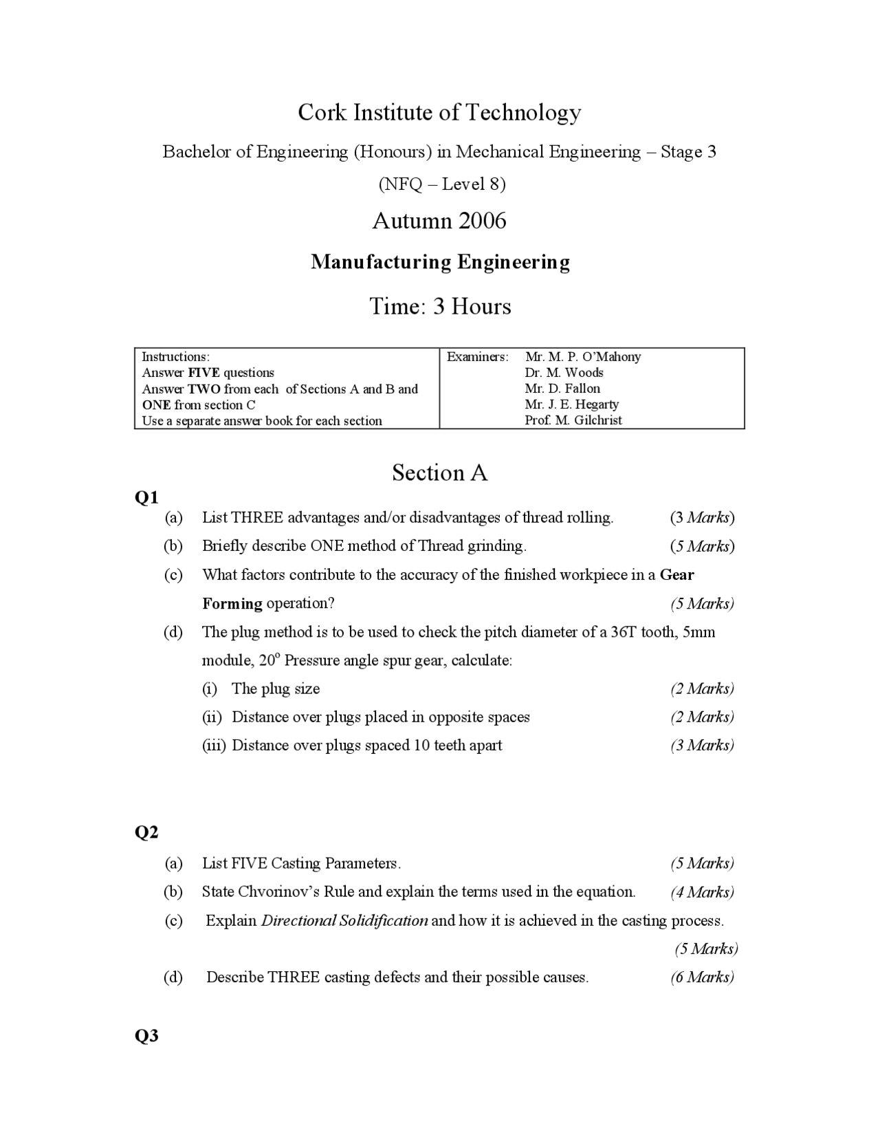 The Plug Size Manufacturing Engineering Exam Docsity