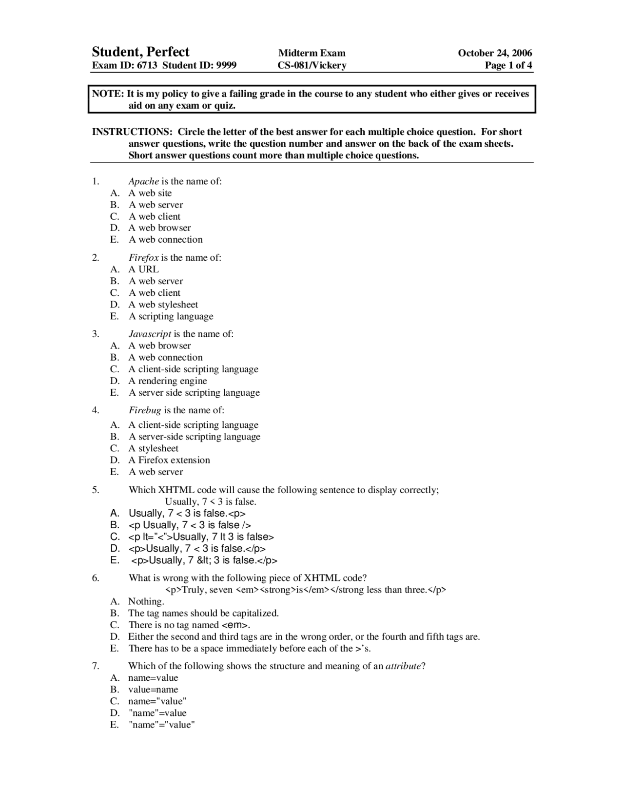 Web Server Html And Web Programming Exam Exams Web Programming And Technologies Docsity