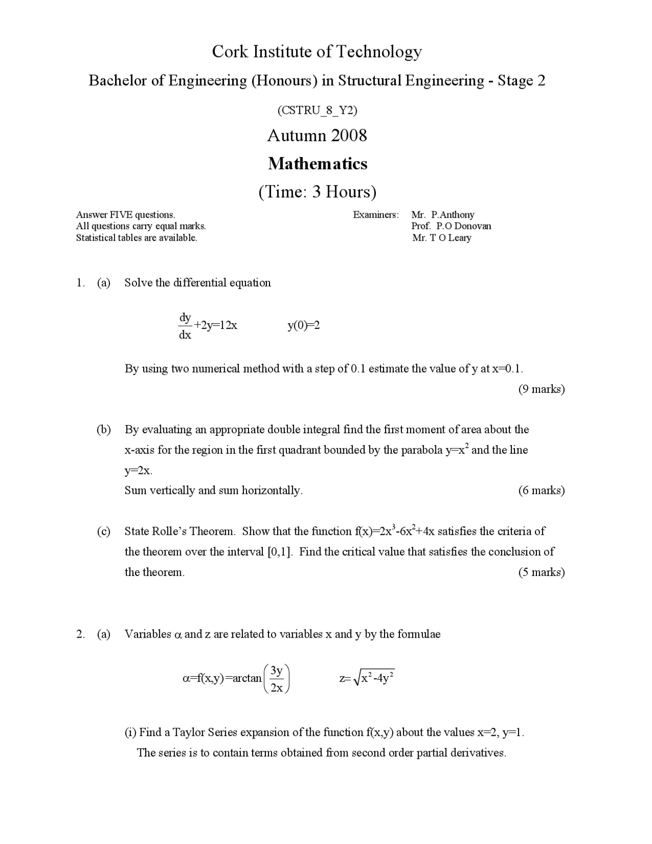 Numerical Method Mathematics Old Exam Paper Docsity