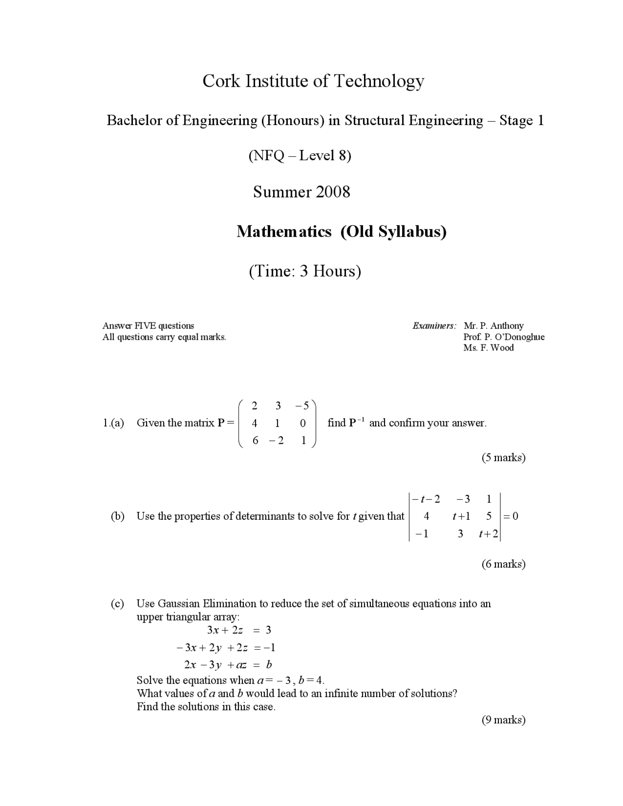 Gaussian Elimination Mathematics Old Exam Paper Docsity