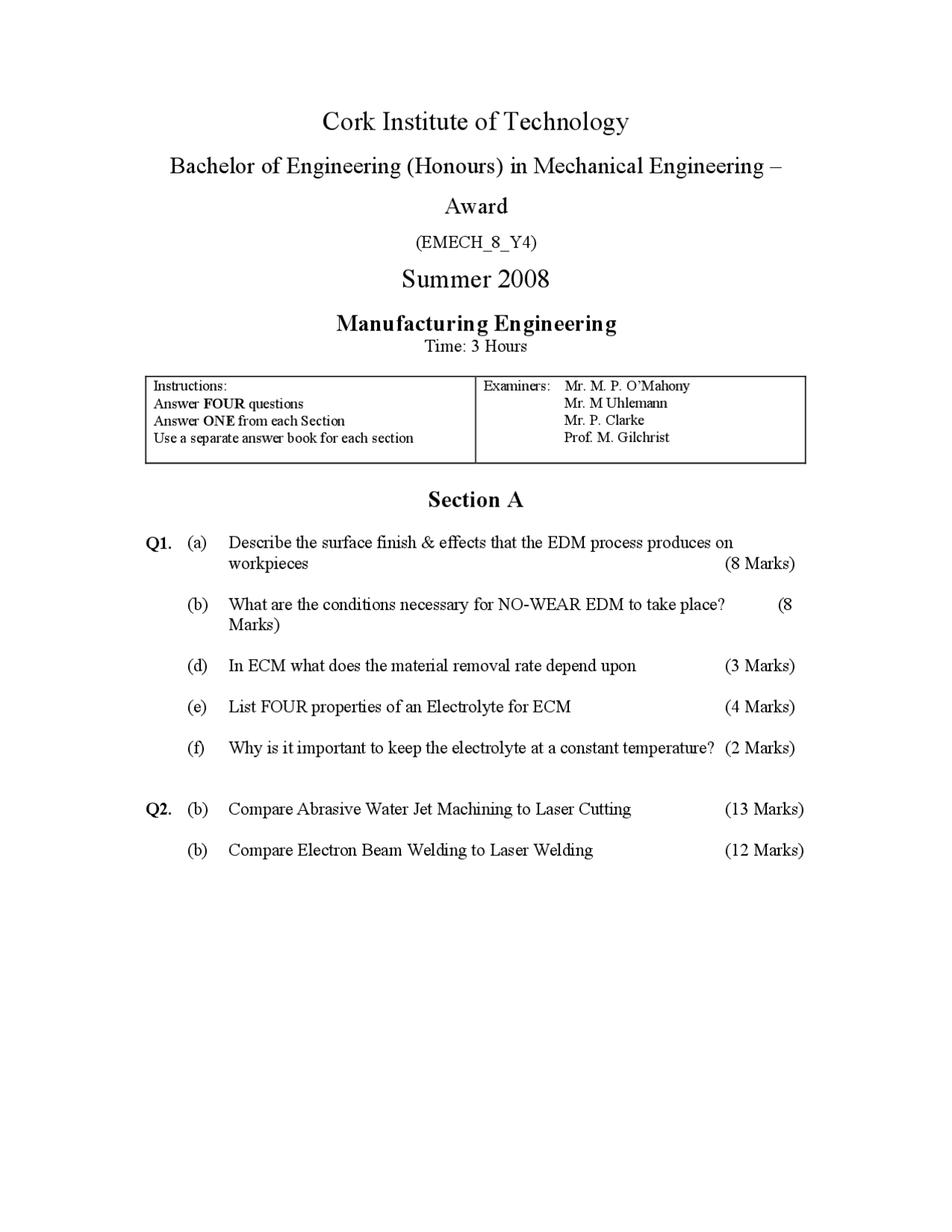 Laser Cutting - Manufacturing Engineering - Exam - Docsity