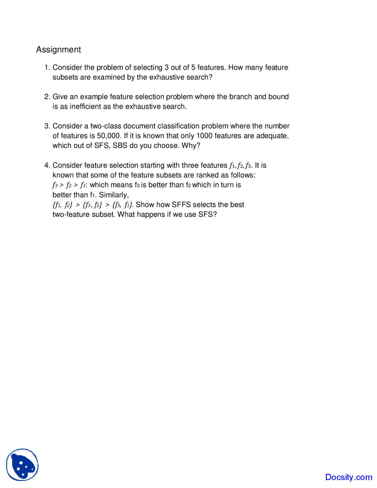 Exhaustive Search Pattern Recognition Assignment Docsity