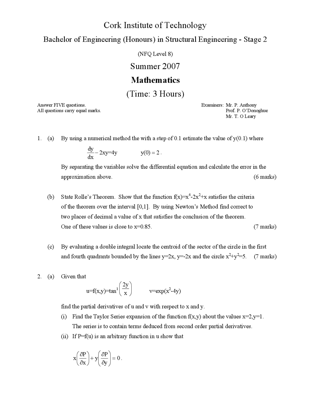 Newtons Method Mathematics Old Exam Paper Docsity