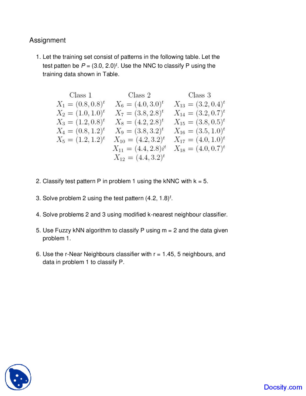 Training Set Pattern Recognition Assignment Docsity