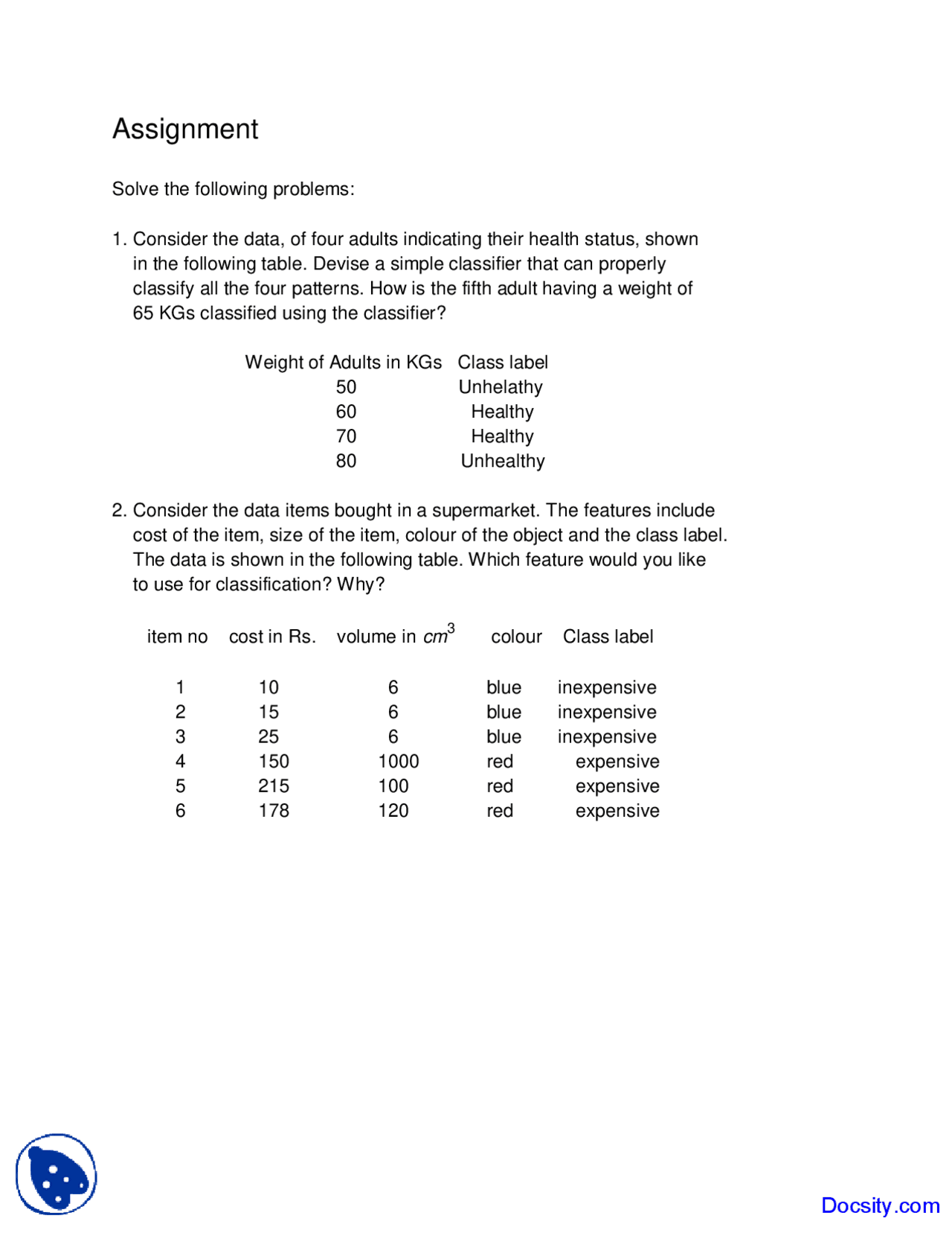 Data Pattern Recognition Assignment Docsity
