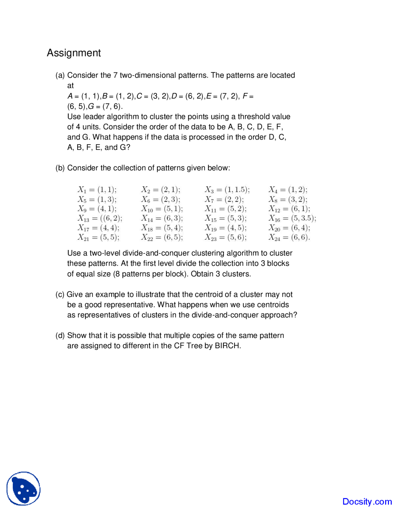 Patterns Pattern Recognition Assignment Docsity