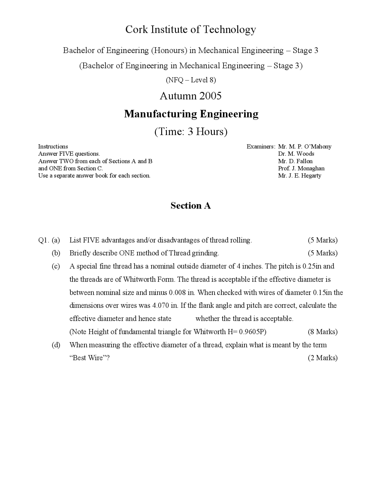 Thread Rolling - Manufacturing Engineering - Exam - Docsity