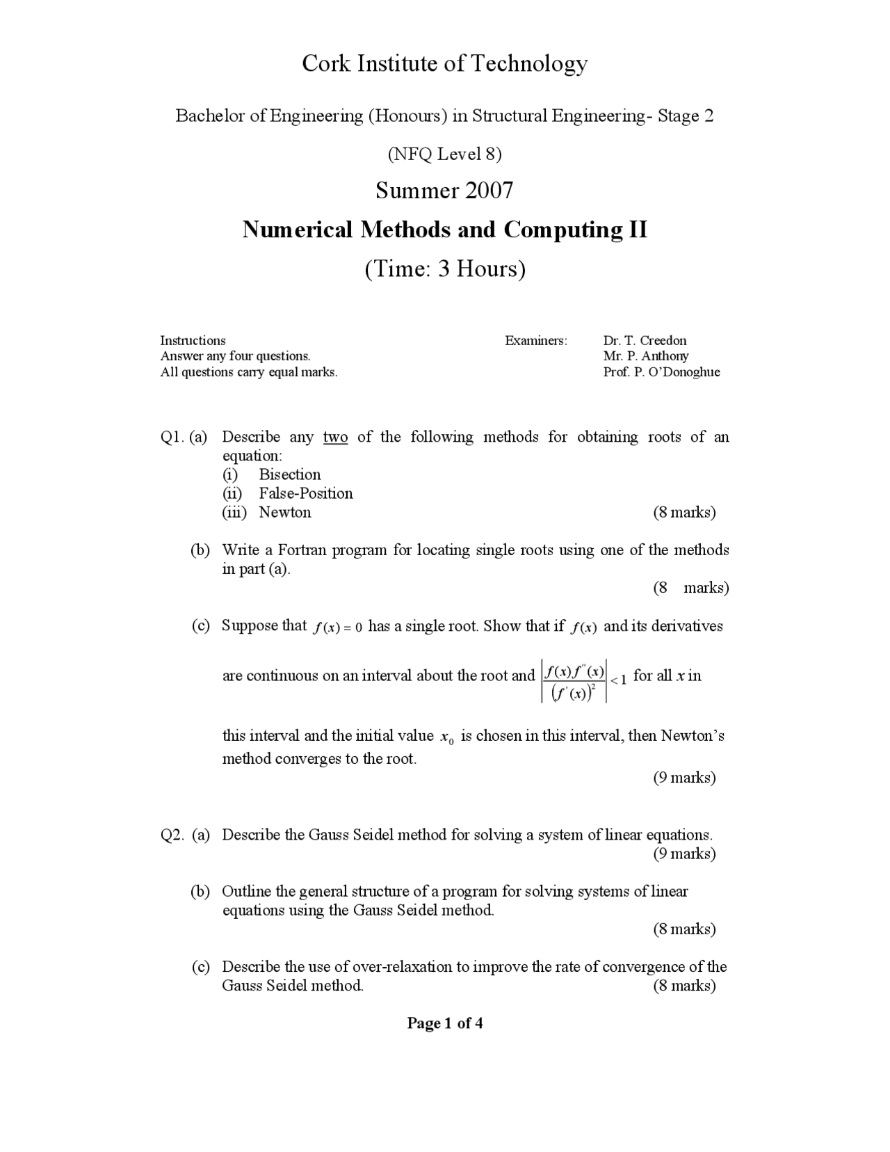 Gauss Seidel Method - Numerical Methods and Computing - Old Exam Paper - Docsity