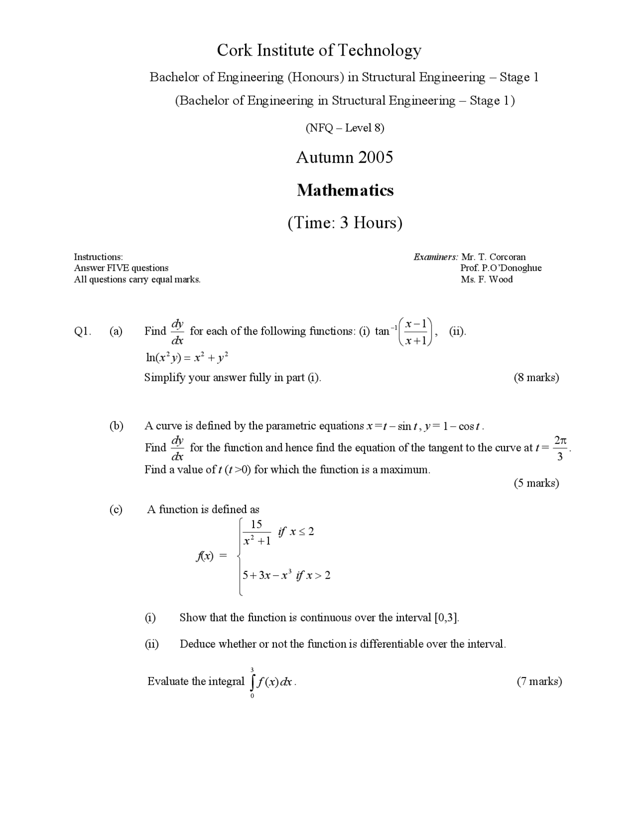 Parametric Equations Mathematics Old Exam Paper Docsity