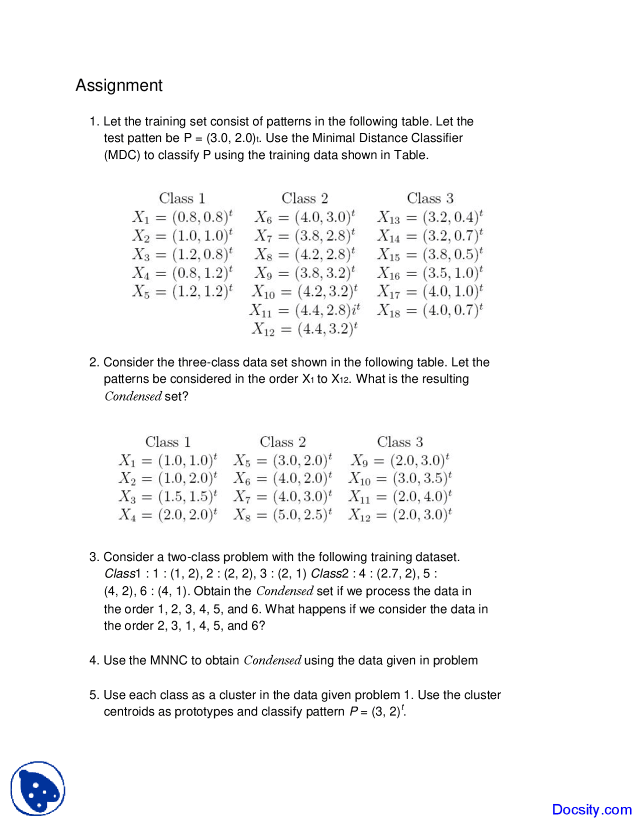 Set Pattern Recognition Assignment Docsity