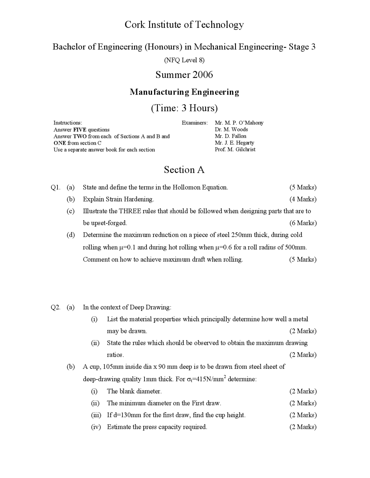 Pset Forged Manufacturing Engineering Exam Docsity