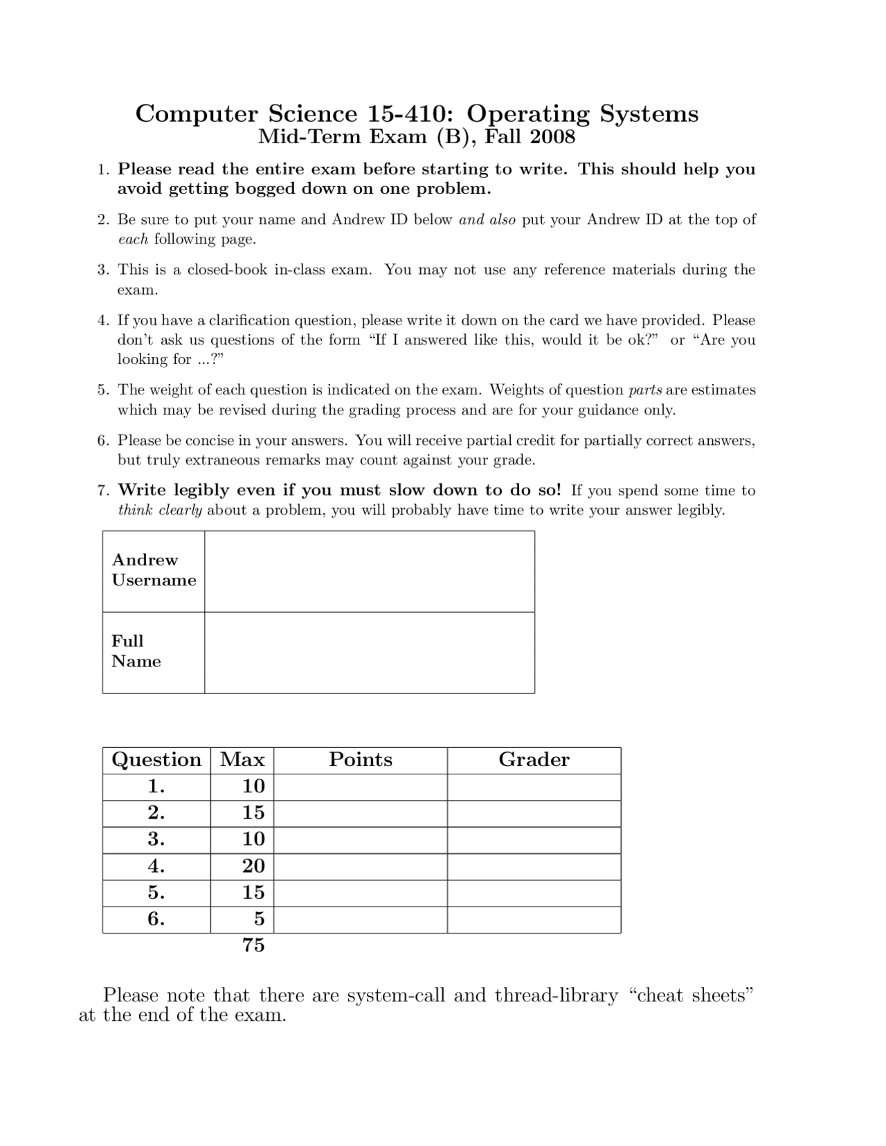 Chopsticks - Operating System - Exam - Docsity