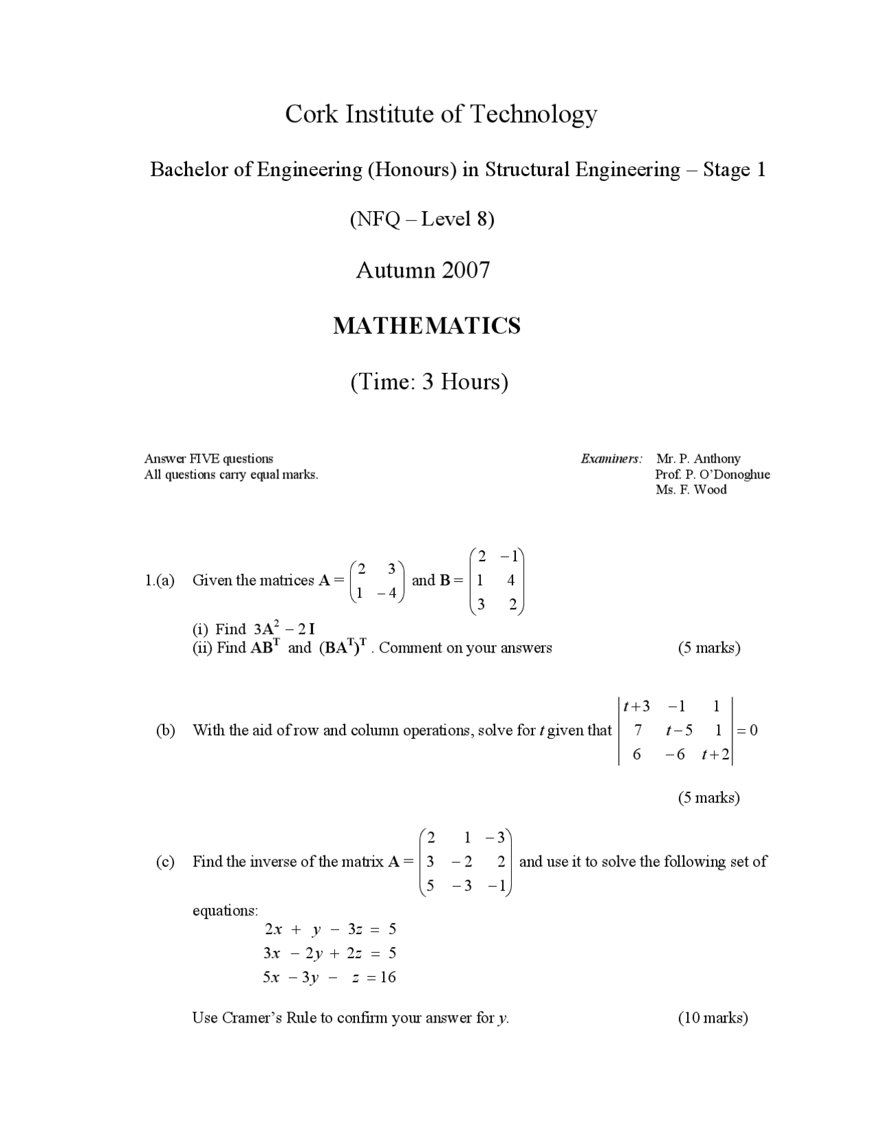 Column Operations - Mathematics - Old Exam Paper - Docsity