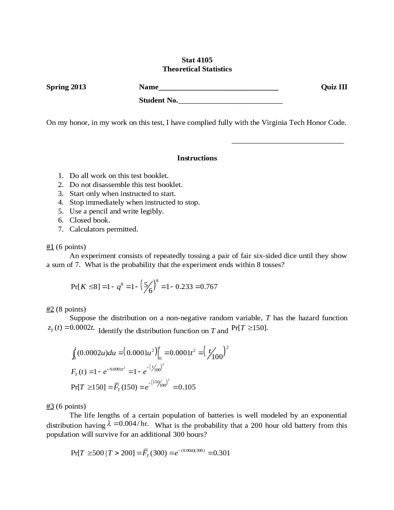 Quiz Iii Solutions Theoretical Statistics Stat 4105 Docsity