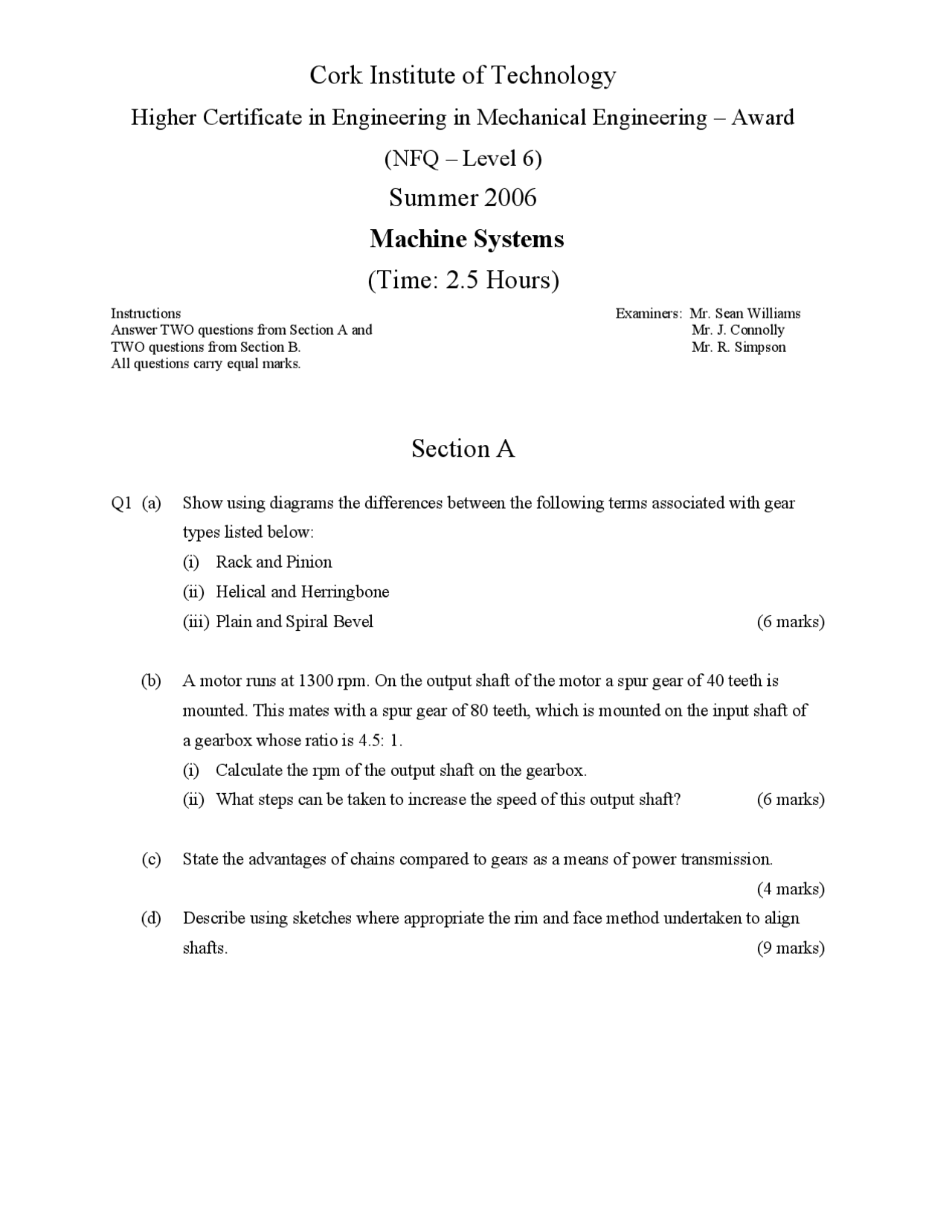 Rack and Pinion - Machine Dynamics - Exam - Docsity