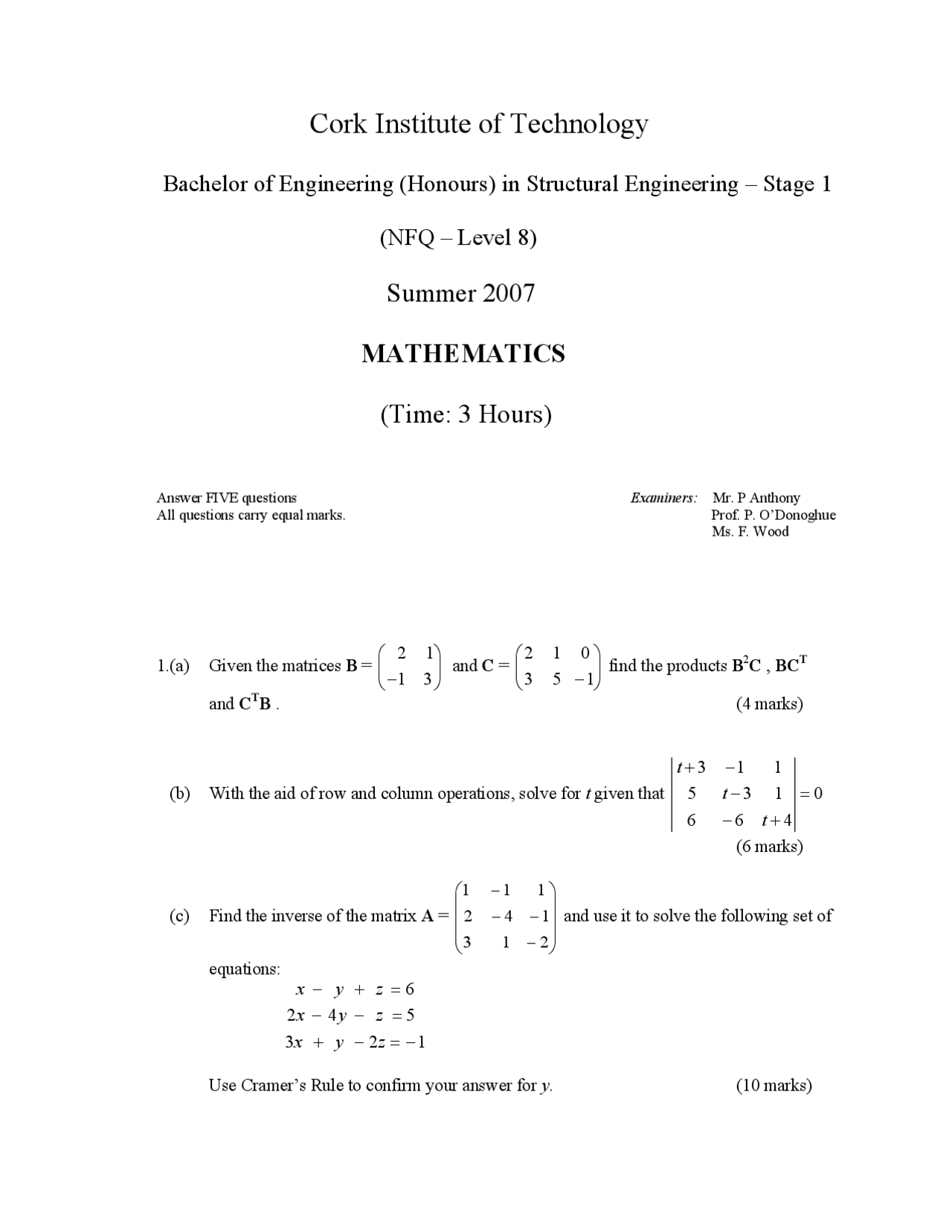 Cramer’s Rule - Mathematics - Old Exam Paper | Exams Mathematics | Docsity