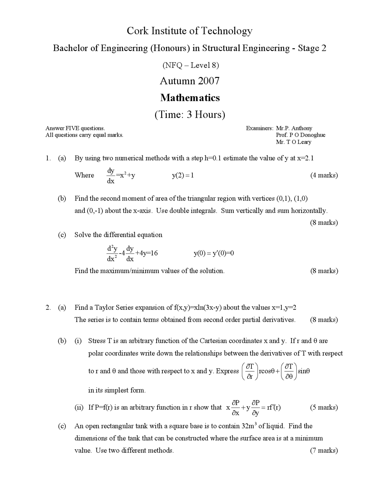 Second Moment Of Area Mathematics Old Exam Paper Docsity