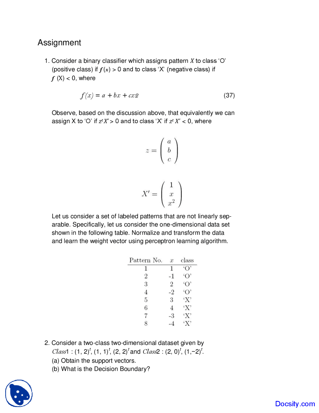 Binary Classifier Pattern Recognition Assignment Docsity