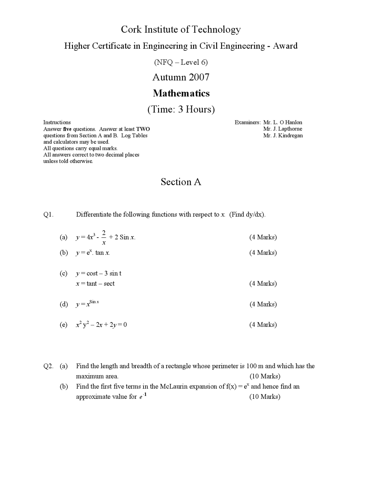 Differentiate Functions Mathematics Old Exam Paper Docsity