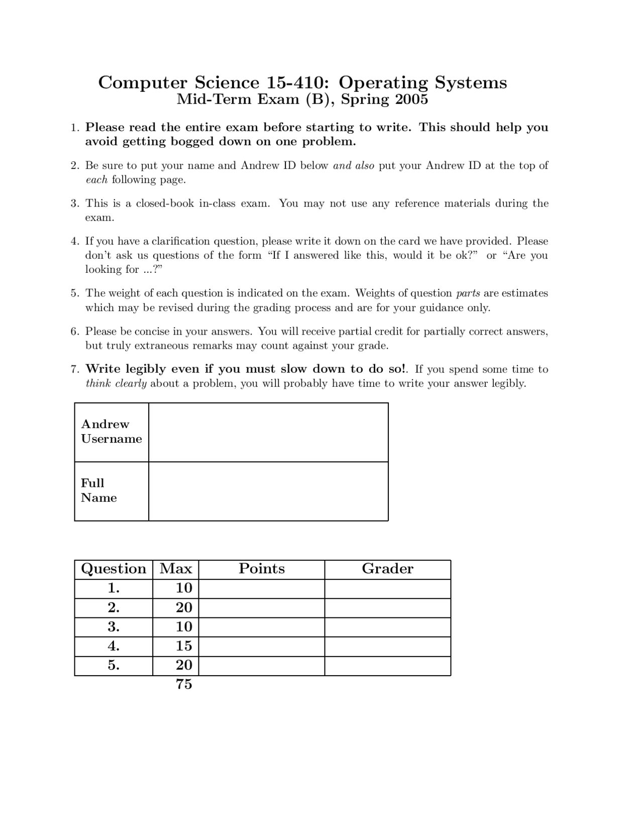 Advance Information - Operating System - Exam | Exams Operating Systems | Docsity