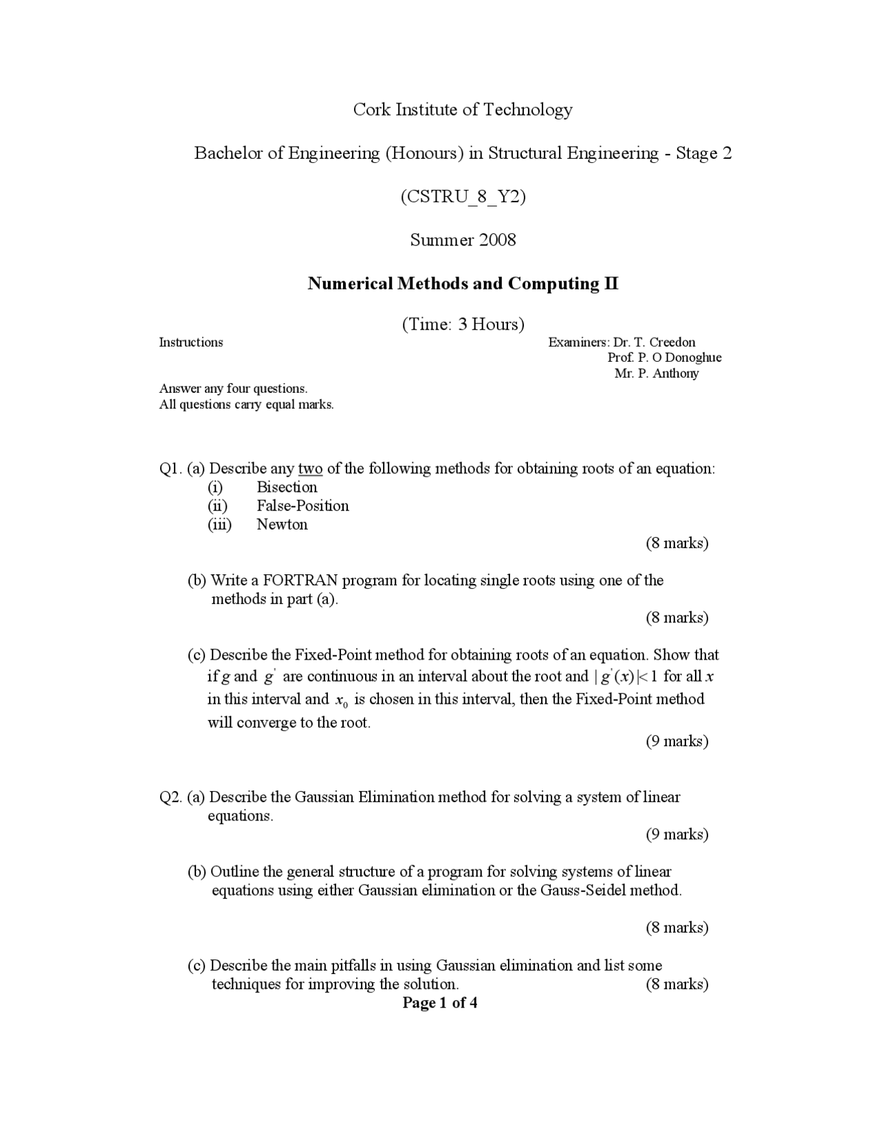 Gaussian Elimination Numerical Methods And Computing Old Exam Paper
