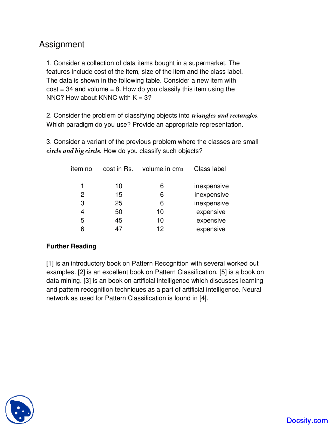 Collection Pattern Recognition Assignment Docsity