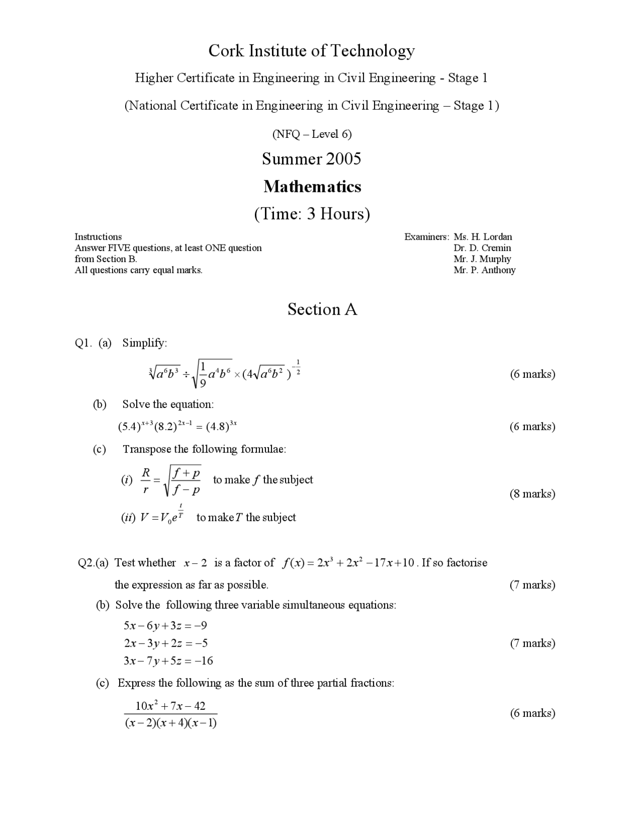 Transpose Formulae - Mathematics - Old Exam Paper - Docsity