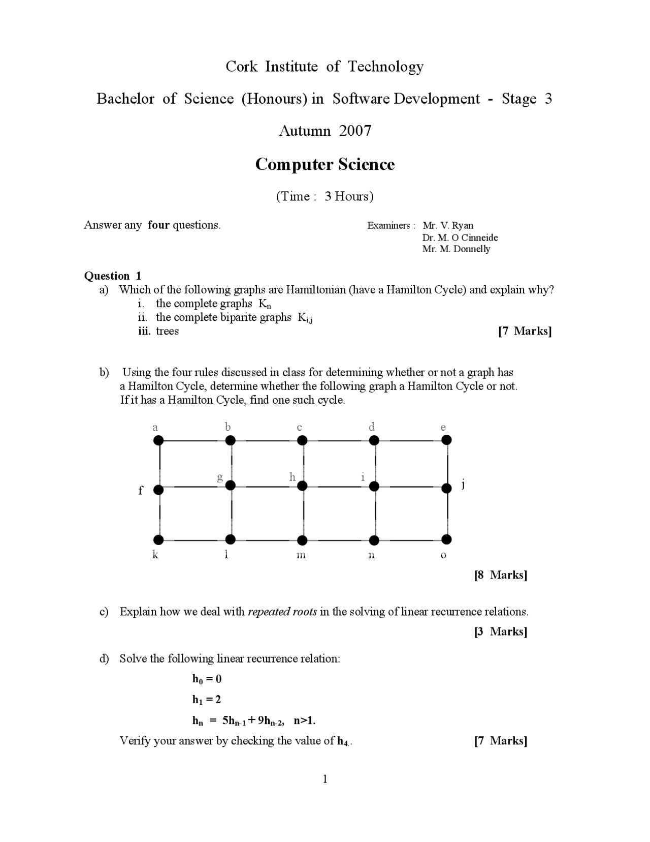 Hamilton Cycle Computer Science Exam Docsity