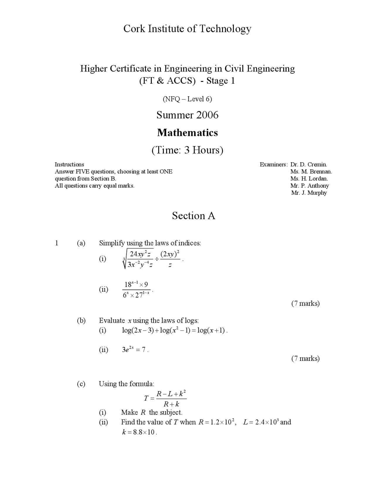 Right Angled Triangle Mathematics Old Exam Paper Docsity