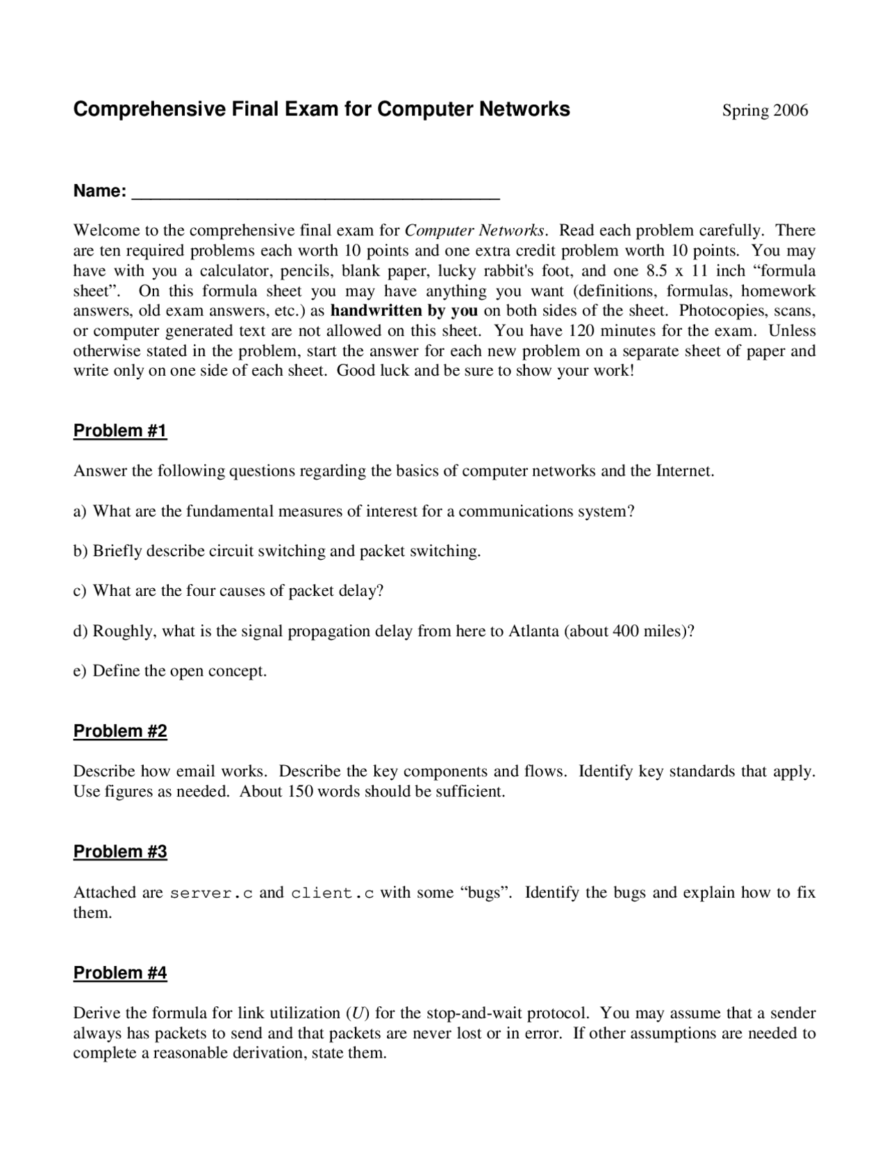 Circuit Switching Computer Netrwork Exam Docsity
