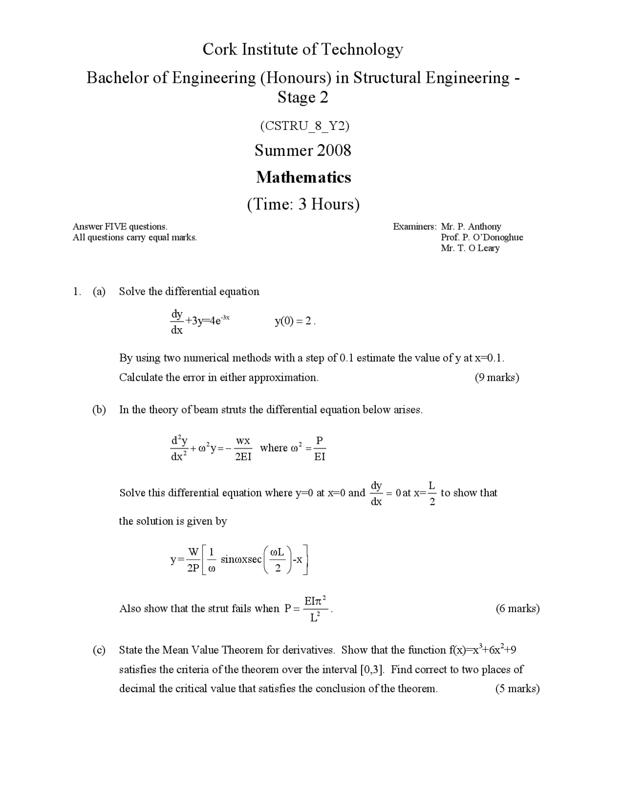 Mean Value Theorem Mathematics Old Exam Paper Docsity