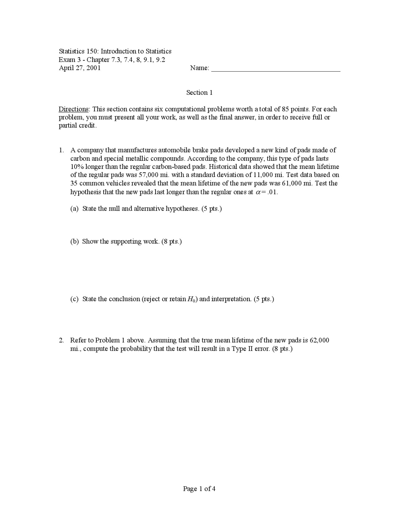 Hypotheses Introduction To Probablilty And Statistics Exam Docsity