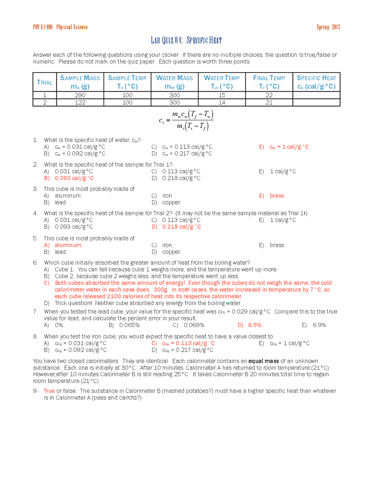 Specific Heat - Physical Science - Quiz - Docsity