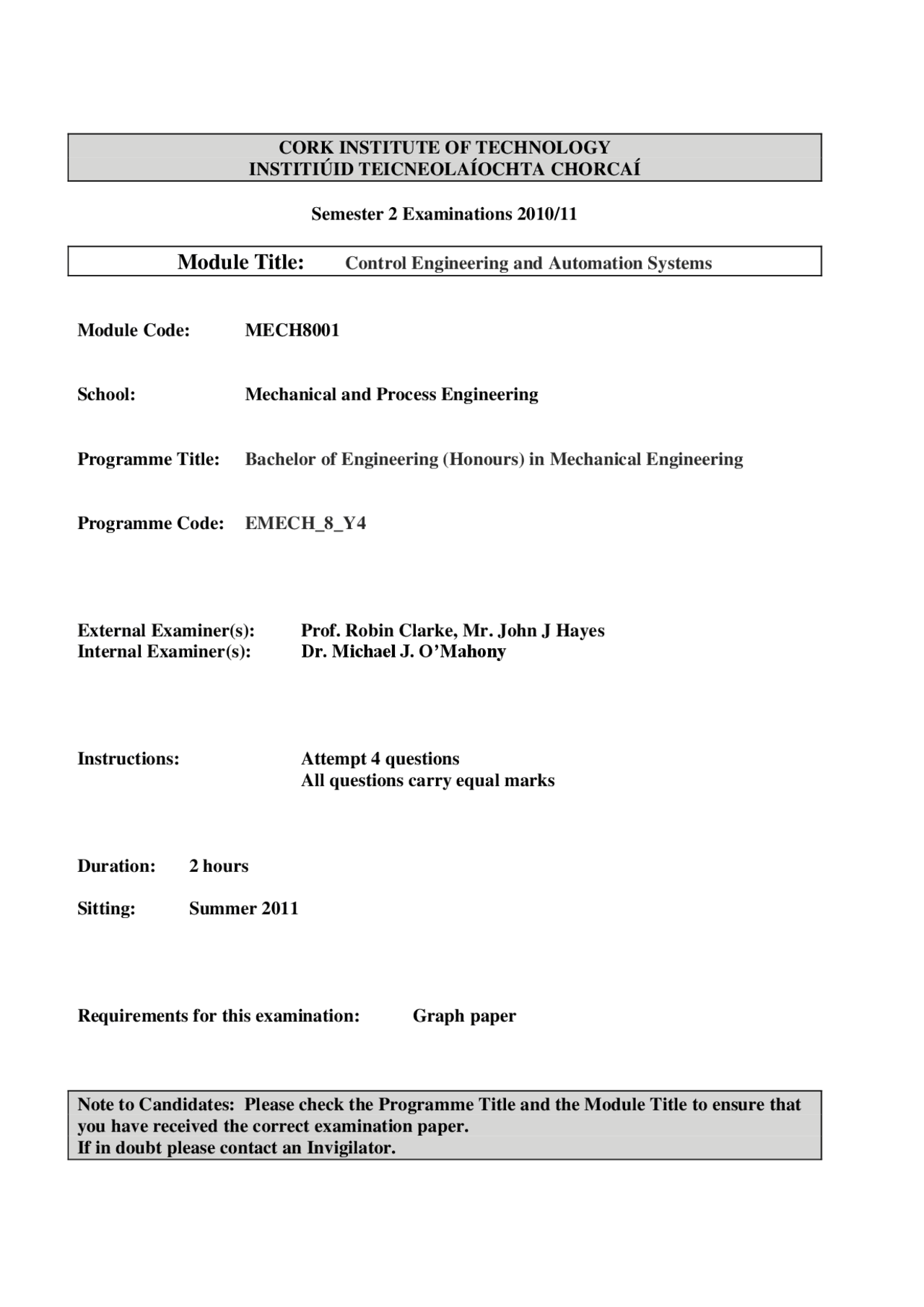 Loop Transfer Function Control Engineering and Automation Systems - Exam - Docsity